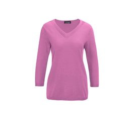 Rundhalspullover GOLDNER "Baumwollpullover mit Ajour-Details", Damen, Gr. 42, pink (malve), Obermaterial: 50% Baumwolle CO. 50% Polyacryl PAN., V-Ausschnitt, weit Rippe, Pullover Rundhalspullover, Mit h&uuml;bschen Ajourdetails am V-Ausschnitt