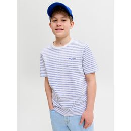 Jack & Jones T-Shirt JACK & JONES JUNIOR "JJDEVIN DAYTONA STRIPED TEE SS CN JNR", Jungen, Gr. 152, hellwei&szlig; stripes:dazzling blau, Single Jersey, Obermaterial: 100% Baumwolle, gestreift, regular fit normal, Rundhals, Shirts T-Shirt, mit dezenter Logostickerei