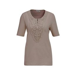 Kurzarmshirt GOLDNER "Elegantes Jerseyshirt mit Rundhals", Damen, Gr. 40, braun (mocca), Obermaterial: 92% Baumwolle CO. 8% Elasthan EL., Tubular, Shirts, Effektvolle H&auml;kelspitze
