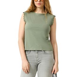 Rundhalsshirt QS, Damen, Gr. L (40), olive, Jersey, Obermaterial: 100% Baumwolle, unifarben, normal h&uuml;ftbedeckend, Rundhals, H&auml;kelkante, Shirts Rundhalsshirt, mit H&auml;kel-Details an der Schulter