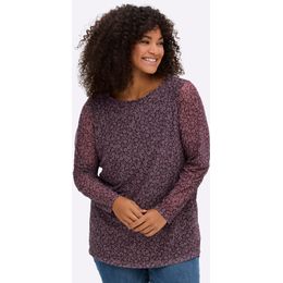 Langarmshirt sheego "Mesh-Shirt", Damen, Gr. 40/42, aubergine, mauve, bedruckt, 96% Polyester, 4% Elasthan, bedruckt, gebl&uuml;mt, gemustert, mehrfarbig, U-Boot-Ausschnitt, Shirts Langarmshirt