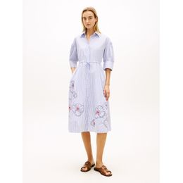 Hemdblusenkleid Tommy Hilfiger "EMBROIDERED POPLIN SHIRT DRESS", Damen, Gr. L (42/44), N-Gr, misty lazuli blau stripe, Jersey, Obermaterial: 100% Baumwolle, gestreift, A-Linie, Kleider, mit Spaghetti-Tr&auml;gern zum Binden