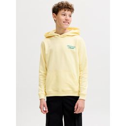 Jack & Jones Kapuzensweatshirt JACK & JONES JUNIOR "JORNORREBRO TYPO BACK SWEAT HOOD SN JNR", Jungen, Gr. 152, pastel gelb, angeraute Sweatware, Obermaterial: 89% Baumwolle, 11% Polyester, bedruckt, relaxed fit normal, Rundhals, Rippb&uuml;ndchen, Sweatshirts, Baumwollmischung, relaxed fit, Langarm