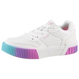 Sneaker Skechers "JADE-SOFT GLOW", M&auml;dchen, Gr. 30, wei&szlig; (wei&szlig;, blau), Lederimitat, kontrastfarbene Details, Schuhe Sneaker, Schn&uuml;rschuh mit Regenbogenlaufsohle, Gr&ouml;&szlig;enschablone zum Download