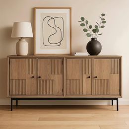 Sideboard Sit "Kommode &ndash; Lamellen‑Front & kunstvolle Schnitzereien aus Massivholz", natur, schwarz, B:160cm H:80cm T:40cm, Massivholz, Metall, Sideboards, Sideboard, Massives Sideboard mit Lamellen‑Front & kunstvollen Holzschnitzereien