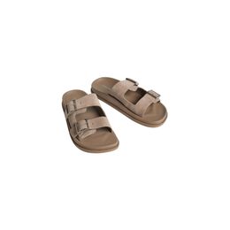 Pantolette Calvin Klein "CITY SANDAL BUCKLE SUEDE", Damen, Gr. 40, taupe, Veloursleder, Schuhe Pantolette, Sommerschuh, Flats mit Schnallenverschluss