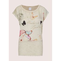 Madeleine Mode Print-Shirt MADELEINE "Spitzenshirt Sommershirt mit Schmetterlings-Print", Damen, Gr. 34, gold (macchiato, goldfarben, multicolor), Obermaterial: 50% Polyester PES. 50% Baumwolle CO., Modern, gerade, Shirts, Breiter Spitzensaum