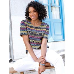 Rundhalsshirt Classic Basics "Rundhals-Shirt", Damen, Gr. 38, marine, limone, bedruckt, 100% Baumwolle, gemustert, mehrfarbig, Rundhals, Shirts Rundhalsshirt
