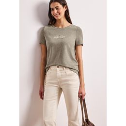 Kurzarmshirt Street One, Damen, Gr. 38, beige (timeless beige), Jersey, Obermaterial: 80% Polyester, 20% Viskose, bedruckt, normal h&uuml;ftbedeckend, Rundhals, abgesteppte Kante, Shirts, Sommershirt mit Rundhals und Wording