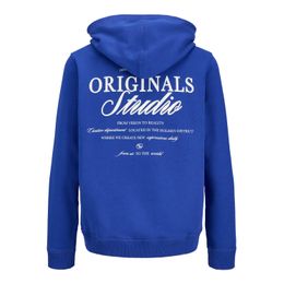 Jack & Jones Kapuzensweatshirt JACK & JONES JUNIOR "JORNORREBRO TYPO BACK SWEAT HOOD SN JNR", Jungen, Gr. 128, bluing, angeraute Sweatware, Obermaterial: 89% Baumwolle, 11% Polyester, bedruckt, relaxed fit normal, Rundhals, Rippb&uuml;ndchen, Sweatshirts, Baumwollmischung, relaxed fit, Langarm