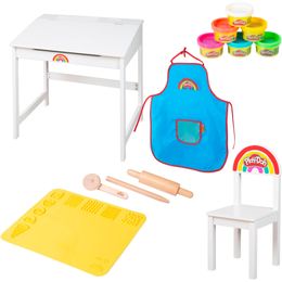 Kindersitzgruppe Roba "Play-Doh Schulpult", wei&szlig;, Sitzm&ouml;bel-Sets, Kinder, inkl. 3D-Kreativmatte, 6 Knetdosen, Sch&uuml;rze