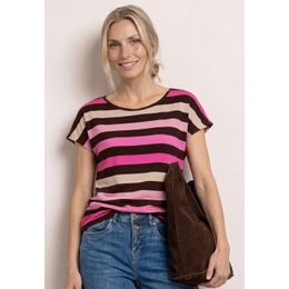 T-Shirt Street One, Damen, Gr. 34, espresso braun, Stoff, 95% Viskose, 5% Elasthan, gestreift, comfort fit normal, Rundhals, abgesteppt, Shirts T-Shirt, mit Rundhalsausschnitt