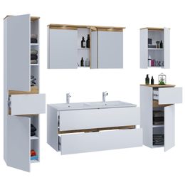 Vcm 6-tlg. Doppelwaschtisch Cosila mit 1 Doppel Keramikbecken &ndash; Badschrank H. 51 x B. 111 x T. 51 cm mit 2 Softclose-Schubladen, Spiegelschrank mit Beleuchtung & Steckdose, Midi und H&auml;ngeschrank, Waschplatz Set Cosila-I