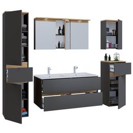 Vcm 6-tlg. Doppelwaschtisch Cosila mit 1 Doppel Keramikbecken &ndash; Badschrank H. 51 x B. 111 x T. 51 cm mit 2 Softclose-Schubladen, Spiegelschrank mit Beleuchtung & Steckdose, Midi und H&auml;ngeschrank, Waschplatz Set Cosila-I