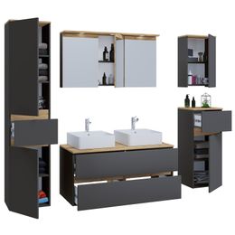 Vcm 7-tlg. Doppelwaschtisch Cosila mit 2 Keramikbecken &ndash; Badschrank H. 51 x B. 111 x T. 51 cm mit 2 Softclose-Schubladen, Spiegelschrank mit Beleuchtung & Steckdose, Midi und H&auml;ngeschrank, Waschplatz Set Cosila-A