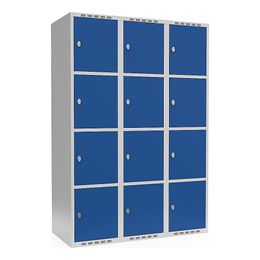 4er-Schlie&szlig;fachschrank Fydor, 3 Abteile, lichtgrau / enzianblau, B 1200 mm, flache Dachform, Vorh&auml;ngeschloss kaiserkraft