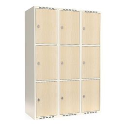 3er-Schlie&szlig;fachschrank Fydor, HPL, 3 Abteile, wei&szlig;/Birke, B 1200 mm, flache Dachform, Vorh&auml;ngeschloss kaiserkraft