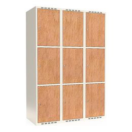 3er-Schlie&szlig;fachschrank Fydor, HPL, 3 Abteile, wei&szlig;/Eiche, B 1200 mm, flache Dachform, Zylinderschloss kaiserkraft