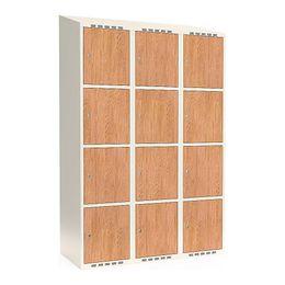 4er-Schlie&szlig;fachschrank Fydor, HPL, 3 Abteile, wei&szlig;/Eiche, B 1200 mm, schr&auml;ge Dachform, Zylinderschloss kaiserkraft