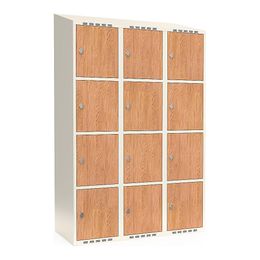 4er-Schlie&szlig;fachschrank Fydor, HPL, 3 Abteile, wei&szlig;/Eiche, B 1200 mm, schr&auml;ge Dachform, Vorh&auml;ngeschloss kaiserkraft