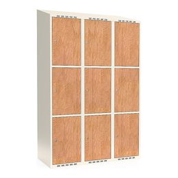 3er-Schlie&szlig;fachschrank Fydor, HPL, 3 Abteile, wei&szlig;/Eiche, B 1200 mm, schr&auml;ge Dachform, Zylinderschloss kaiserkraft