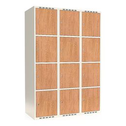 4er-Schlie&szlig;fachschrank Fydor, HPL, 3 Abteile, wei&szlig;/Eiche, B 1200 mm, flache Dachform, Zylinderschloss kaiserkraft