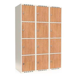 4er-Schlie&szlig;fachschrank Fydor, HPL, 3 Abteile, wei&szlig;/Eiche, B 1200 mm, flache Dachform, Vorh&auml;ngeschloss kaiserkraft