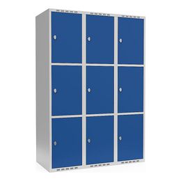 3er-Schlie&szlig;fachschrank Fydor, 3 Abteile, lichtgrau / enzianblau, B 1200 mm, flache Dachform, Vorh&auml;ngeschloss kaiserkraft