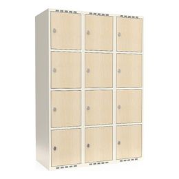 4er-Schlie&szlig;fachschrank Fydor, HPL, 3 Abteile, wei&szlig;/Birke, B 1200 mm, flache Dachform, Vorh&auml;ngeschloss kaiserkraft