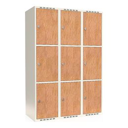 3er-Schlie&szlig;fachschrank Fydor, HPL, 3 Abteile, wei&szlig;/Eiche, B 1200 mm, flache Dachform, Vorh&auml;ngeschloss kaiserkraft
