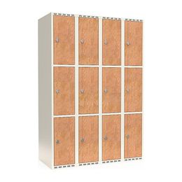 3er-Schlie&szlig;fachschrank Fydor, HPL, 4 Abteile, wei&szlig;/Eiche, B 1200 mm, flache Dachform, Vorh&auml;ngeschloss kaiserkraft