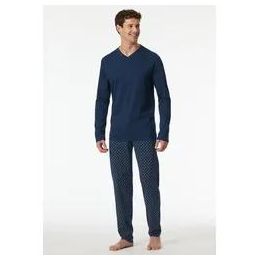 Schlafanzug Schiesser "Casual Essentials", Herren, Gr. 52, blau (801, admiral), Single Jersey, Obermaterial: 100% Baumwolle, gemustert, unifarben, lang, V-Ausschnitt, Homewear-Sets Schlafanzug, mit V-Ausschnitt