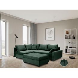 Ecksofa Collection AB "Parma L-Form, B: 224 cm", gr&uuml;n, B:224cm H:42cm T:161cm, 100%Polyester, Sofas, Ecksofa, Bettfunktion, Bettkasten & 2 Zierkissen, Federkern