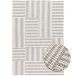 Teppich "Outdoorteppich RENEW - Stripes, Made in Belgium", grau (hellgrau,beige), B:120cm H:4mm L:170cm, Polyester, PRIMAFLOR-IDEEN IN TEXTIL, Teppiche, Teppich, Flachgewebe, geometrisches Muster, In- und Outdoor geeignet