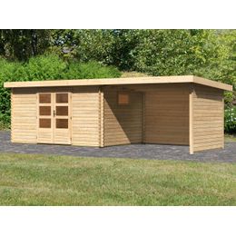 Gartenhaus Woodfeeling "Trittau 5", beige (naturbelassen), ohne Fu&szlig;boden, R&uuml;ckwand Seitenwand, ohne Dacheindeckung, Massivholz, Gartenh&auml;user, Gartenhaus, mit Anbaudach