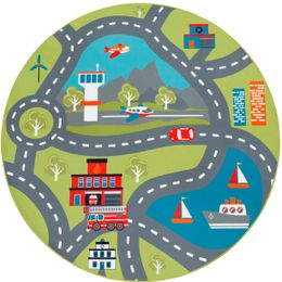 Kinderteppich Paco Home "Bino 562", gr&uuml;n, H:4mm &Oslash;:160cm, Polyester, Teppiche, Kinderteppich, Kurzflor, Stra&szlig;en-Spiel-Teppich, Motiv Flughafen, Kinderzimmer