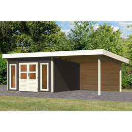 Gartenhaus Konifera "Perlsee 5", grau (terragrau, elfenbeinfarben, naturbelassen), ohne Fu&szlig;boden, R&uuml;ckwand, ohne Dacheindeckung, Massivholz, Gartenh&auml;user, Gartenhaus, mit Anbaudach