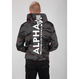 Kapuzensweatshirt Alpha Industries "BACK PRINT HOODY", Herren, Gr. S, schwarz (schwarz camo), angeraute Sweatware, Obermaterial: 80% Baumwolle, 20% Polyester, bedruckt, normal normal, Rundhals, Rippb&uuml;ndchen, Sweatshirts, Baumwollmischung, regular fit