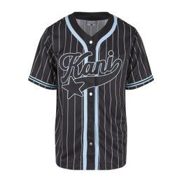 T-Shirt Karl Kani "Karl Kani Karl Kani Kani Star Logo Pinstripe Baseball Shirt", Damen, Gr. M, schwarz, lightblau, 100% Polyester, gestreift, loose fit, V-Ausschnitt, Shirts T-Shirt
