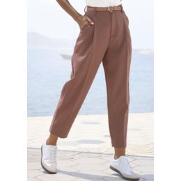 Bundfaltenhose Lascana, Damen, Gr. 34, N-Gr, nougat, Web, Obermaterial: 76% Polyester, 20% Viskose, 4% Elasthan, unifarben, figurumspielend kn&ouml;chelfrei, Hosen, mit G&uuml;rtel, in modischer Barrel-Form