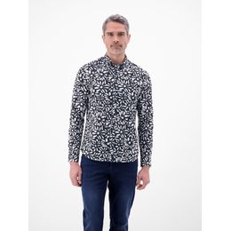 Langarmhemd Lerros, Herren, Gr. L, N-Gr, classic navy, Web, Obermaterial: 55% Leinen, 45% Baumwolle, bedruckt, regular fit normal, ohne Ausschnitt, Manschette, Hemden, mit All-Over Print