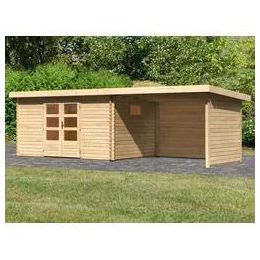 Karibu Gartenhaus WOODFEELING "Trittau 5", beige (naturbelassen), ohne Fu&szlig;boden, R&uuml;ckwand Seitenwand, ohne Dacheindeckung, Massivholz, Gartenh&auml;user, Gartenhaus, mit Anbaudach