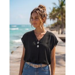Schlupfbluse Lascana, Damen, Gr. 34, schwarz, Web, Obermaterial: 100% Viskose, unifarben, figurumspielend h&uuml;ftlang, V-Ausschnitt, Blusen Schlupfbluse, mit modischen Kn&ouml;pfen, luftige Kurzarmbluse, sommerlich, Topseller