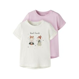 T-Shirt name it "NMFVIX 2P SS TOP", M&auml;dchen, Gr. 98, pirouette pack:cloud dancer, Jersey, Obermaterial: 95% Baumwolle, 5% Elasthan, bedruckt, normal normal, Rundhals, Shirts T-Shirt, Baumwollmischung, normal geschnitten