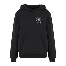 Kapuzenpullover MISS TEE "Miss Tee Good Vibes Bow Ladies Fluffy Hoody", Damen, Gr. L, schwarz, 70% Baumwolle, 30% Polyester, mehrfarbig, loose fit, ohne Ausschnitt, Pullover Kapuzenpullover