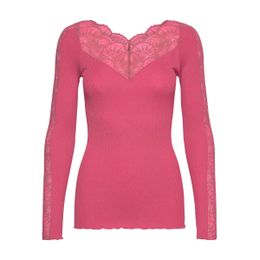 Spitzenshirt rosemunde "Beatha lace longsleeve mit Seide", Damen, Gr. L, himbeere, Rippstrick, Obermaterial: 55% Seide, 45% Baumwolle, figurbetont h&uuml;ftlang, V-Ausschnitt, Shirts, elastisch weiche Vintage-Spitze am Ausschnitt und entlang der &Auml;rmel