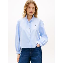 Langarmbluse Tommy Hilfiger "OXFORD CROP RUFFLE LS SHIRT", Damen, Gr. 40, mid blau, Web, Obermaterial: 100% Baumwolle, unifarben, gerade h&uuml;ftlang, mit Knopf R&uuml;schen, Blusen, mit R&uuml;schen-Details, boxy