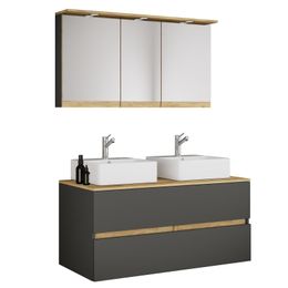 Vcm 4-tlg. Doppelwaschtisch Cosila mit 2 Keramikbecken &ndash; Badschrank H. 51 x B. 111 x T. 51 cm mit 2 Softclose-Schubladen, Spiegelschrank mit Beleuchtung & Steckdose, Waschplatz Set Cosila-A