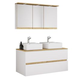 Vcm 4-tlg. Doppelwaschtisch Cosila mit 2 Keramikbecken &ndash; Badschrank H. 51 x B. 111 x T. 51 cm mit 2 Softclose-Schubladen, Spiegelschrank mit Beleuchtung & Steckdose, Waschplatz Set Cosila-A