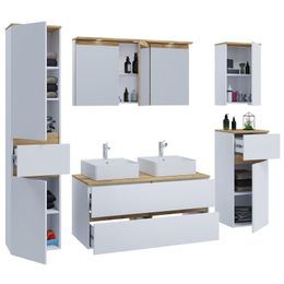 Vcm 7-tlg. Doppelwaschtisch Cosila mit 2 Keramikbecken &ndash; Badschrank H. 51 x B. 111 x T. 51 cm mit 2 Softclose-Schubladen, Spiegelschrank mit Beleuchtung & Steckdose, Midi und H&auml;ngeschrank, Waschplatz Set Cosila-A